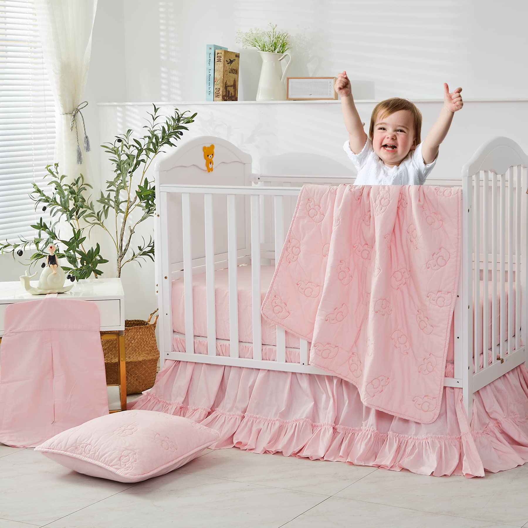 Brandream Girls Nursery Bedding Embroidered Elephant Crib Bedding Set Chic Sweet Pink Farmhouse Baby Cotton Quilt Set, 3 Pieces