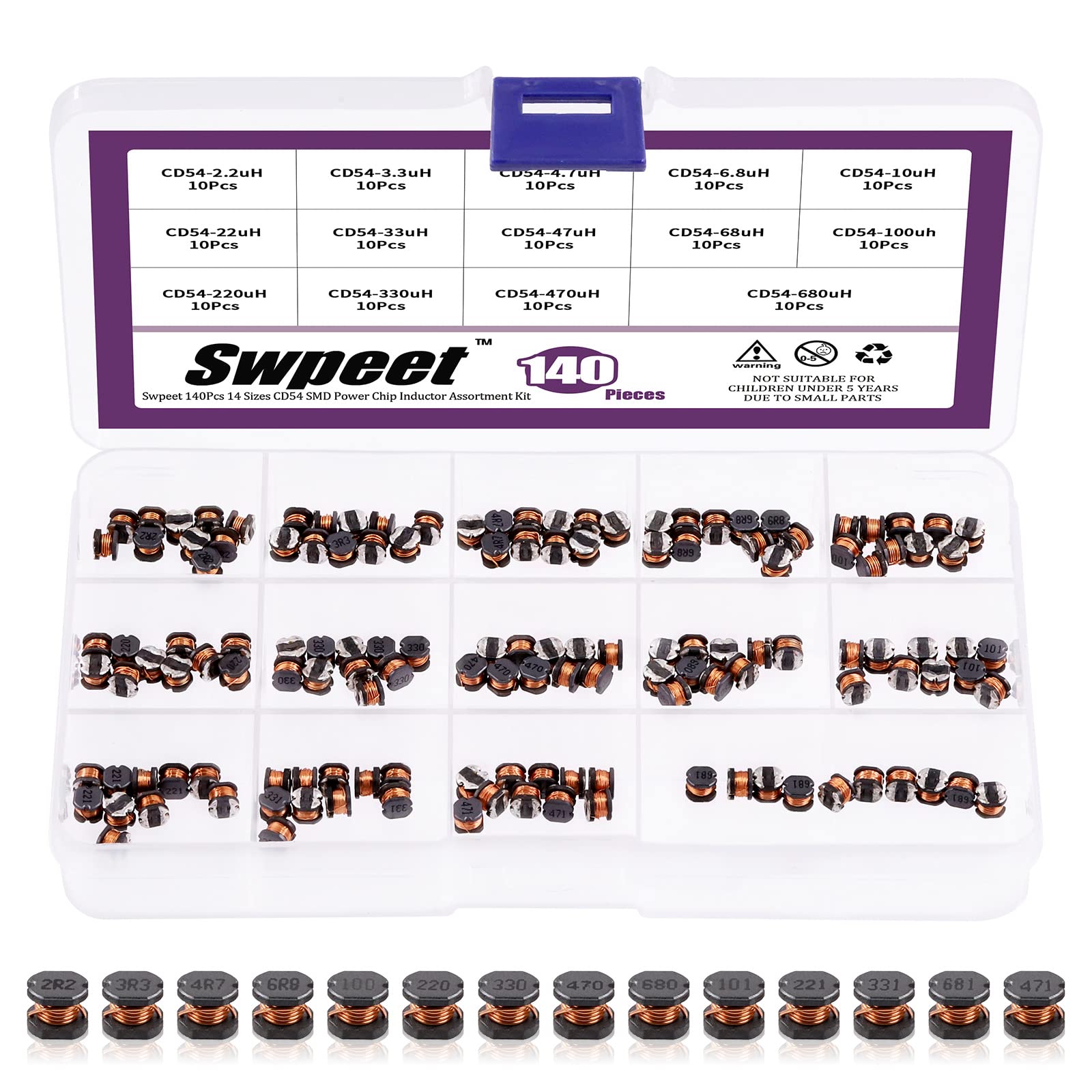 Swpeet 140Pcs 14 Values 2.2UH - 680UH CD54 Wire Wound SMD Power Inductor Assortment Kit, 5.8mm Chip Inductors - 2.2UH 3.3UH 4.7UH 6.8UH 10UH 22UH 33UH 47UH 68UH 100UH 220UH 330UH 470UH 680UH