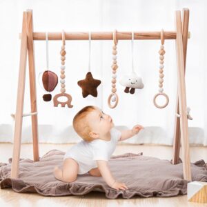 Razee Wooden Baby Play Gym Foldable Baby Gym Portable, Infant Frame Activity Gym Hanging Bar for Toddle with 6 Hanging Sensory Toys