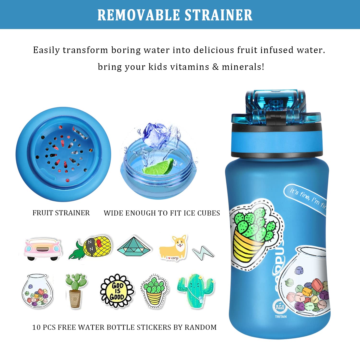 GOPPUS Kids Water Bottle with Straw Spout Lid 10pcs Stickers 12 oz Leak-proof BPA Free Motivational Time Marker Tritan Plastic Water Bottles for Girls Boys School Sports