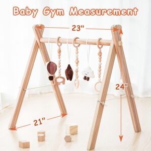 Razee Wooden Baby Play Gym Foldable Baby Gym Portable, Infant Frame Activity Gym Hanging Bar for Toddle with 6 Hanging Sensory Toys