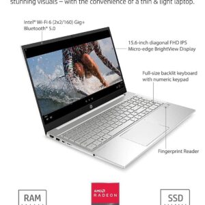 HP Newest Pavilion Laptop, 15.6" Full HD Screen, AMD Ryzen 7 5700U Processor, 64GB RAM, 1TB SSD, Backlit Keyboard, Wi-Fi 6, FP Reader, HDMI, Bluetooth, Windows 11 Home, Silver