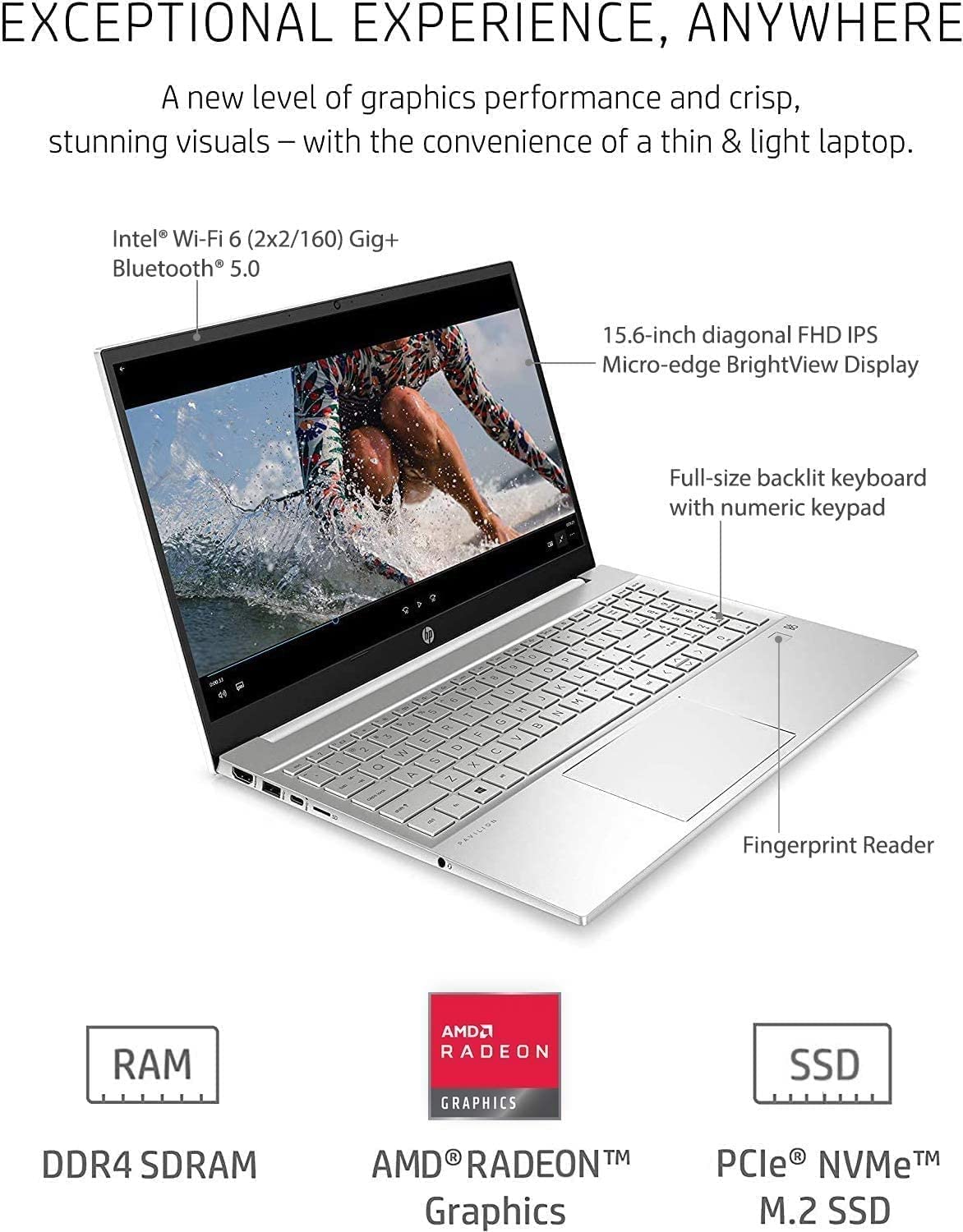 HP Newest Pavilion Laptop, 15.6" Full HD Screen, AMD Ryzen 7 5700U Processor, 64GB RAM, 1TB SSD, Backlit Keyboard, Wi-Fi 6, FP Reader, HDMI, Bluetooth, Windows 11 Home, Silver