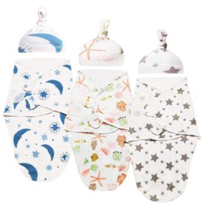 organic muslin swaddle blankets,100% cotton ultra soft newborn adjustable sleep sack wrap, baby receiving blanket for boys and girls,3 pack swaddle and hat set,0-6 months