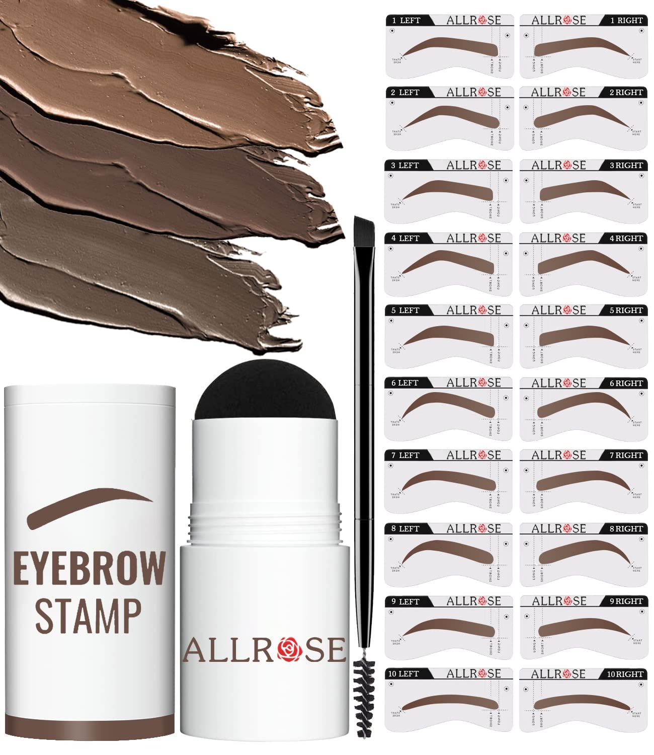 ALLROSE Eyebrow Stamp Stencil Kit - One Step Perfect 20 Eye Brow Stamping, Waterproof, Easy to Use, Brown