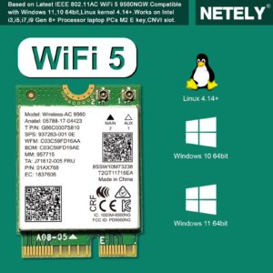 NETELY Wireless-AC 9560NGW NGFF M2 CNVI Interface CRF WiFi Adapter, Wireless-AC 2030Mbps (2.4GHz 300Mbps & 5GHz 160MHz 1730Mbps), Bluetooth 5.0, Intel Wireless-AC 9560NGW (Wireless-AC 9560NGW)