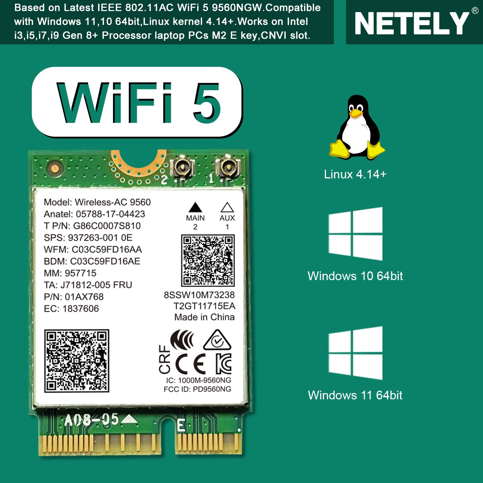 NETELY Wireless-AC 9560NGW NGFF M2 CNVI Interface CRF WiFi Adapter, Wireless-AC 2030Mbps (2.4GHz 300Mbps & 5GHz 160MHz 1730Mbps), Bluetooth 5.0, Intel Wireless-AC 9560NGW (Wireless-AC 9560NGW)