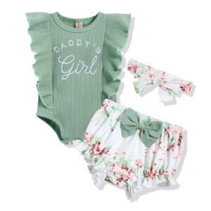 bilison girl's funny letter top floral pants with headband newborn summer 3pcs sets romper outfit, green-daddy's girl, 0-3m