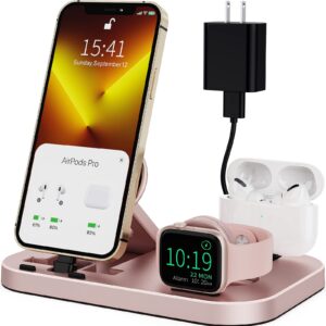 charging station for multiple devices apple, 3 in 1 charging dock for iphone/airpods series, portable charging stand for iwatch series 8/ultra/7/6/5/4/3/2/1/se(with 15w adapter and cable) rose gold