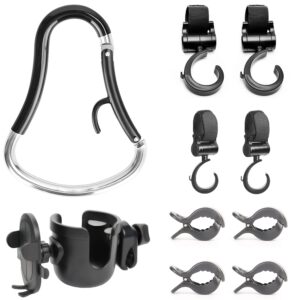 dimega baby stroller hooks clips cup holders combo, 4pcs rotation hooks, 1pcs heavy duty metal gourd hook, 4pcs kids blanket clips pegs, 1pcs parent bottle holder with phone mount for outing (black)