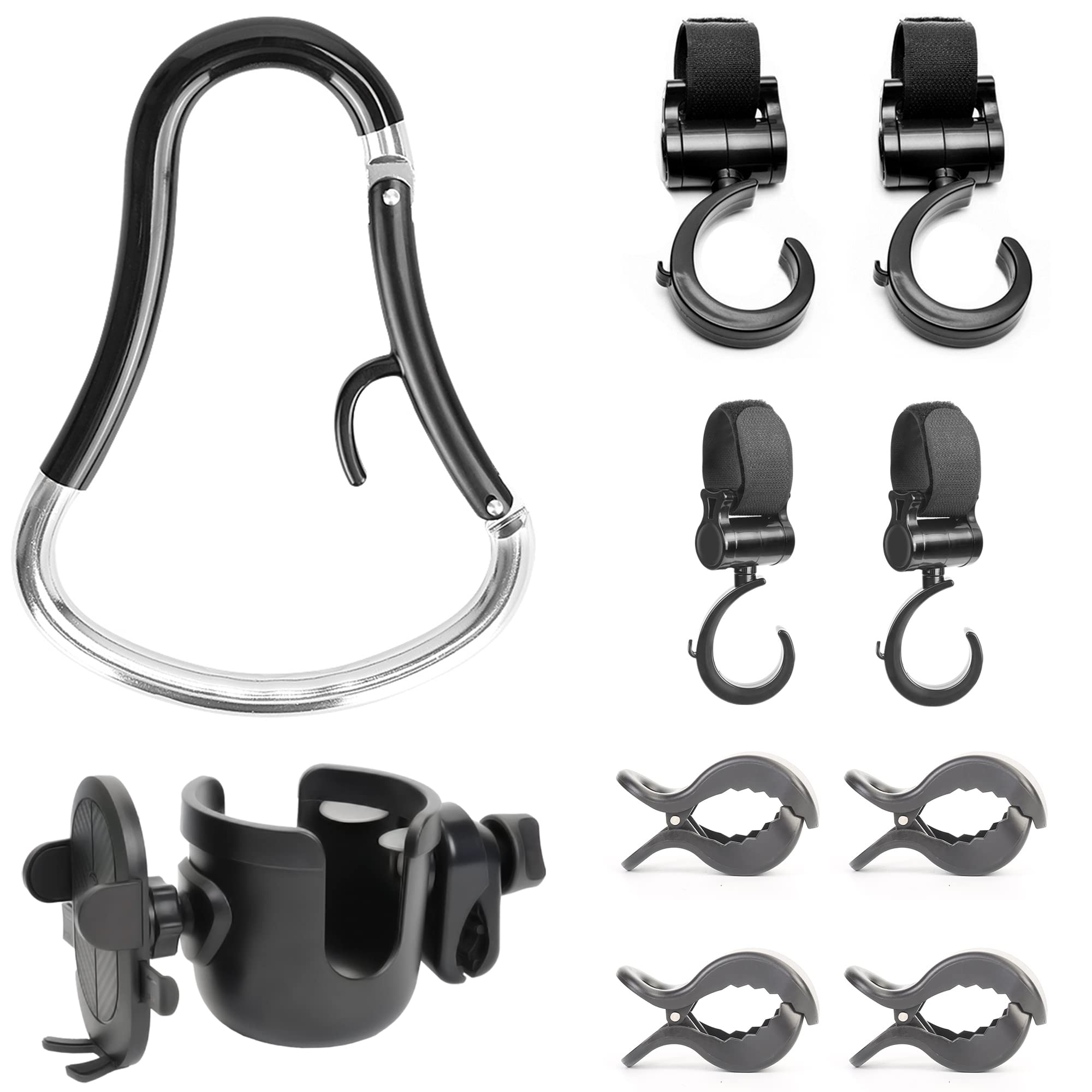 DIMEGA Baby Stroller Hooks Clips Cup Holders Combo, 4pcs Rotation Hooks, 1pcs Heavy Duty Metal Gourd Hook, 4pcs Kids Blanket Clips Pegs, 1pcs Parent Bottle Holder with Phone Mount for Outing (Black)