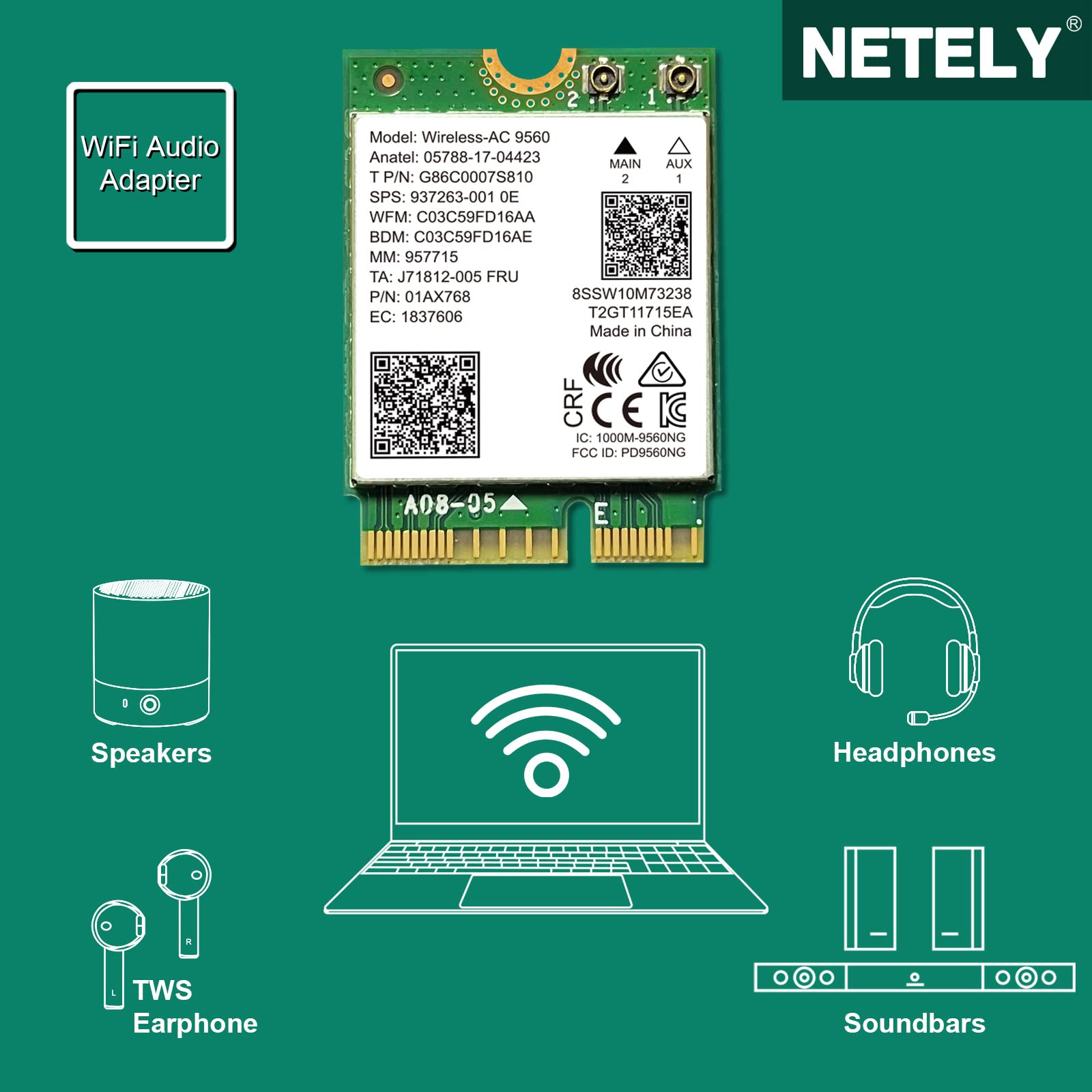 NETELY Wireless-AC 9560NGW NGFF M2 CNVI Interface CRF WiFi Adapter, Wireless-AC 2030Mbps (2.4GHz 300Mbps & 5GHz 160MHz 1730Mbps), Bluetooth 5.0, Intel Wireless-AC 9560NGW (Wireless-AC 9560NGW)