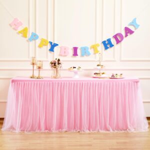 suppromo 6ft pink tablecloth with tulle table skirt for rectangle tables 3 sides pink tutu table cover for baby shower girls birthday party wedding dessert cake table decorations