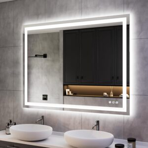 iskm 48''x36'' led bathroom mirror with lights - front and backlit lighted bathroom vanity mirror wall mounted, defog, dimmable, tempered glass, shatterproof, etl listed (horizontal/vertical)