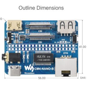 Nano Base Board (B) for Raspberry Pi Compute Module 4, Same Size as CM4, with Standard CM4 Socket, Raspberry Pi 40PIN GPIO, Gigabit Ethernet, USB2.0, DSI, CSI, HDMI, 3.5mm Audio Jack etc.