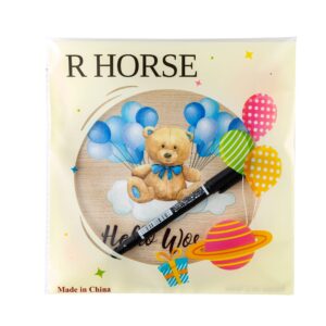 R HORSE Wooden Baby Birth Announcement Sign with Marker Pen Blue Bear Pattern Newborn Announcement Card Personalized Wooden Baby Birth Sign for Baby Shower Birthday Gift Keepsakes