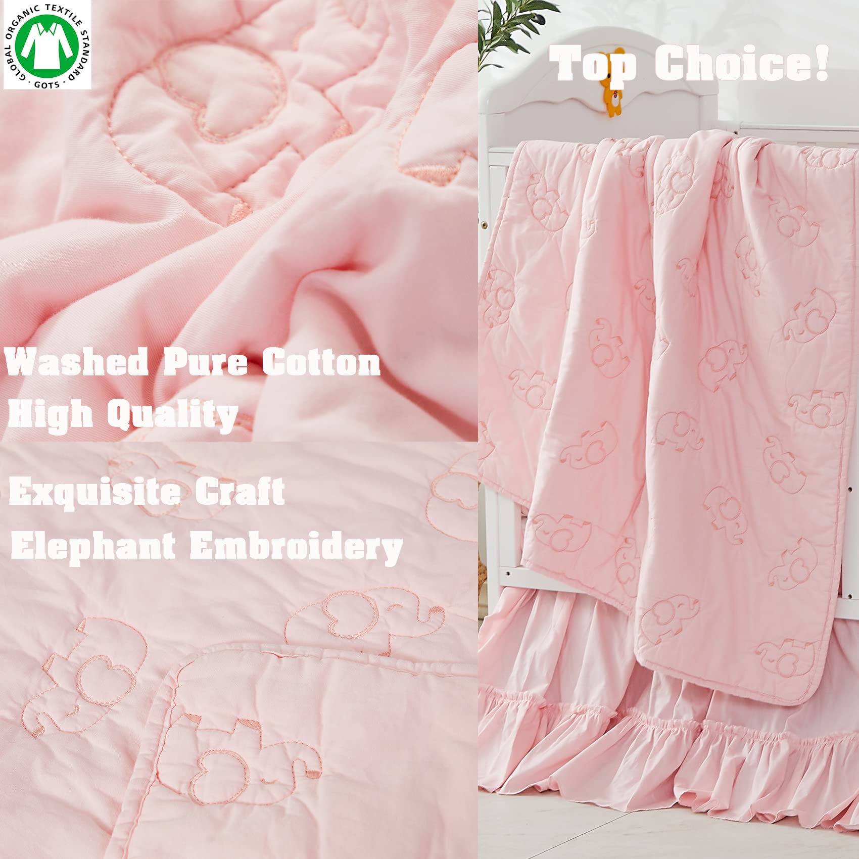 Brandream Girls Nursery Bedding Embroidered Elephant Crib Bedding Set Chic Sweet Pink Farmhouse Baby Cotton Quilt Set, 3 Pieces