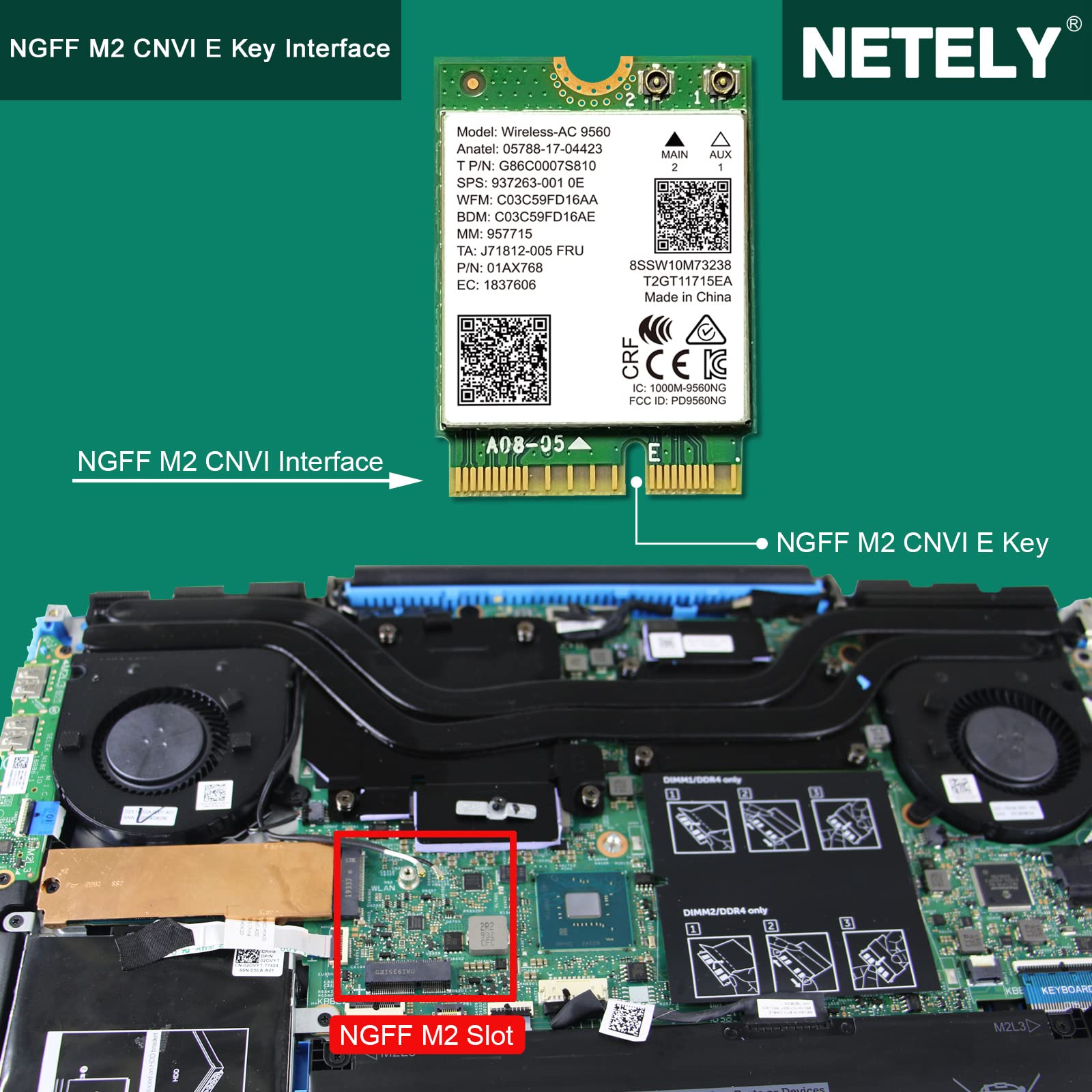 NETELY Wireless-AC 9560NGW NGFF M2 CNVI Interface CRF WiFi Adapter, Wireless-AC 2030Mbps (2.4GHz 300Mbps & 5GHz 160MHz 1730Mbps), Bluetooth 5.0, Intel Wireless-AC 9560NGW (Wireless-AC 9560NGW)