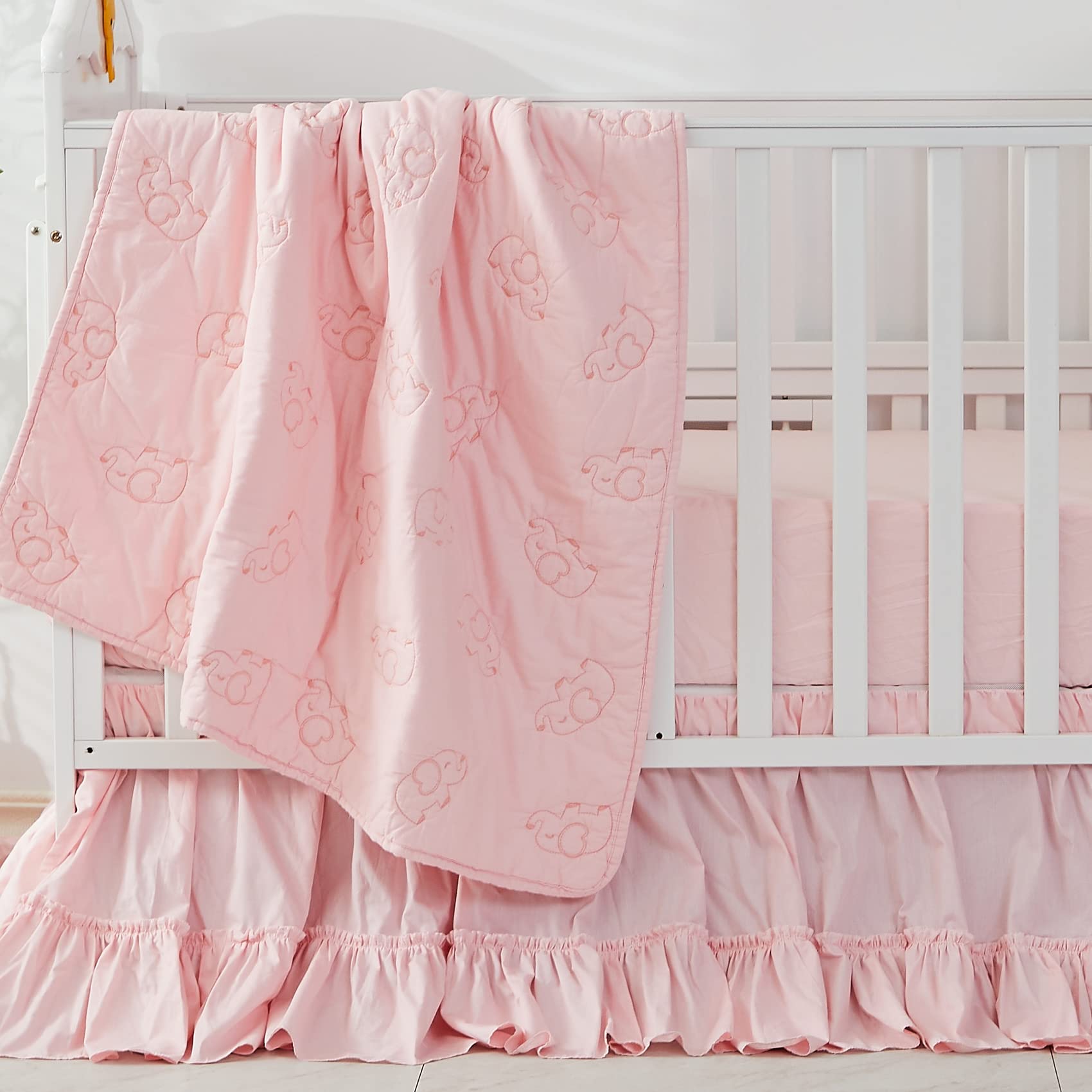 Brandream Girls Nursery Bedding Embroidered Elephant Crib Bedding Set Chic Sweet Pink Farmhouse Baby Cotton Quilt Set, 3 Pieces