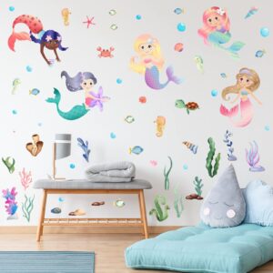 pligreat 2 sheets mermaid wall stickers, ocean creature decor, bathroom mermaid decals for girls bedroom baby nursery kid room bathroom decor gift