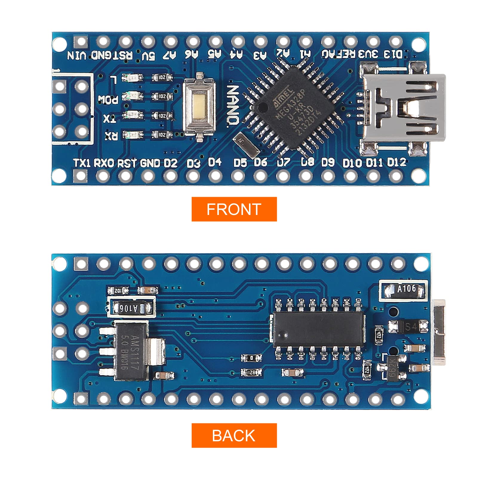 DWEII 2 PCS Nano Board V3.0 ATmega328P with 2Pcs Cable Compatible with Arduino Nano V3.0 with Pin Headers Pin Unsoldered