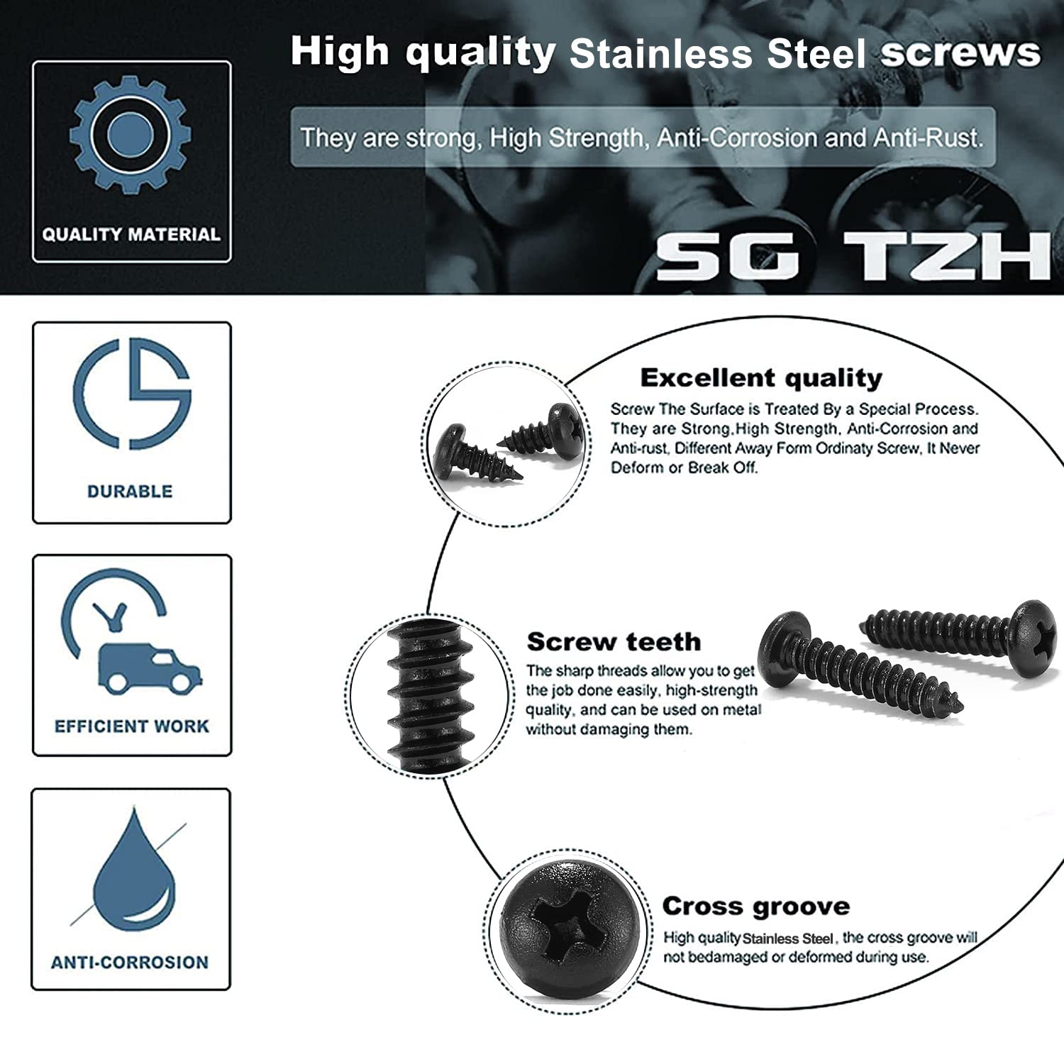 #8 x 3/4" Wood Screw 100Pcs 18-8 (304) Stainless Steel Pan Head Fast Self Tapping Drywall Screws Black Oxide by SG TZH