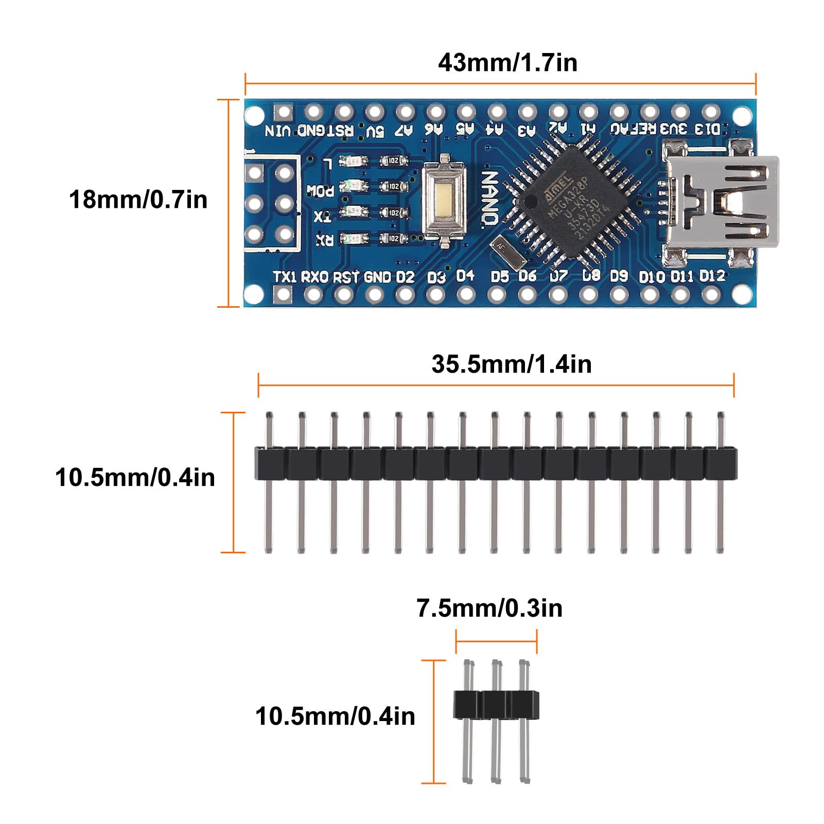 DWEII 2 PCS Nano Board V3.0 ATmega328P with 2Pcs Cable Compatible with Arduino Nano V3.0 with Pin Headers Pin Unsoldered