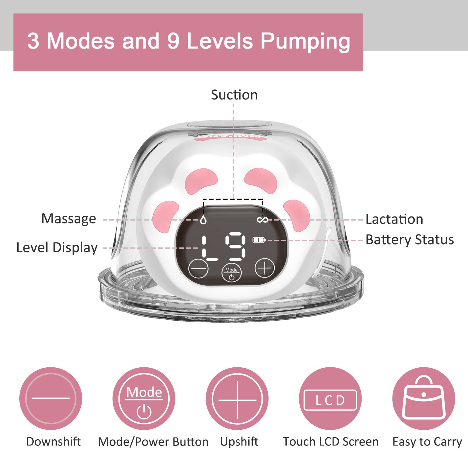 MMPANG Breast Pump Wearable,Electric Hands Free Breast Pump Leel,3 Modes & 9 Levels with LCD Display BPA Free, Low Noise Pumping Painless Breastfeeding Rechargeable and 19/21/24mm Flanges,Blue