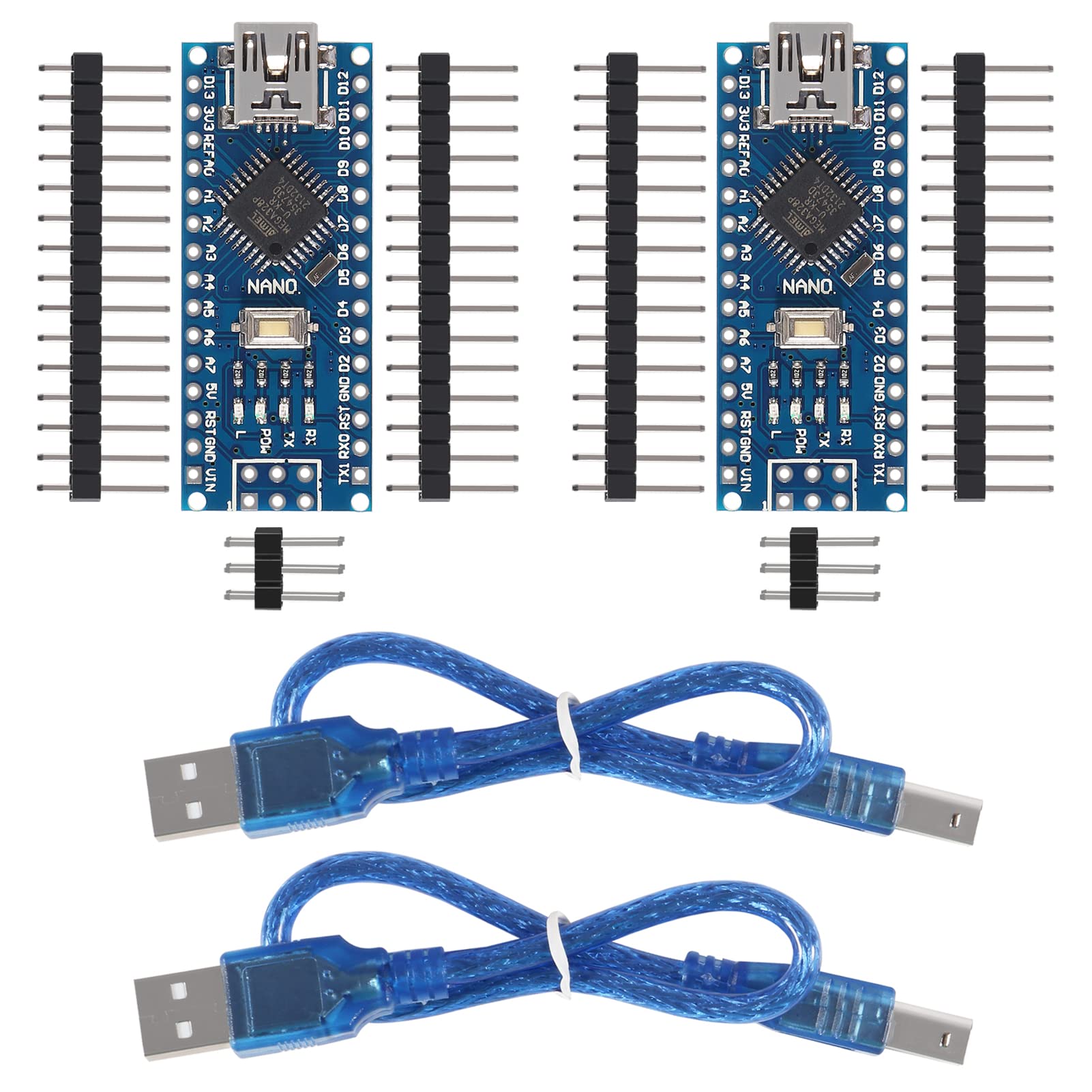 DWEII 2 PCS Nano Board V3.0 ATmega328P with 2Pcs Cable Compatible with Arduino Nano V3.0 with Pin Headers Pin Unsoldered