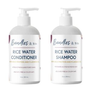 Bundles & Bits Rice Water Shampoo and Conditioner Set - Regrowth, Thinning Hair and Anti-Hair Loss - Plant-Based, Sulfate Free, For All Hair Types, 2 Piece Set