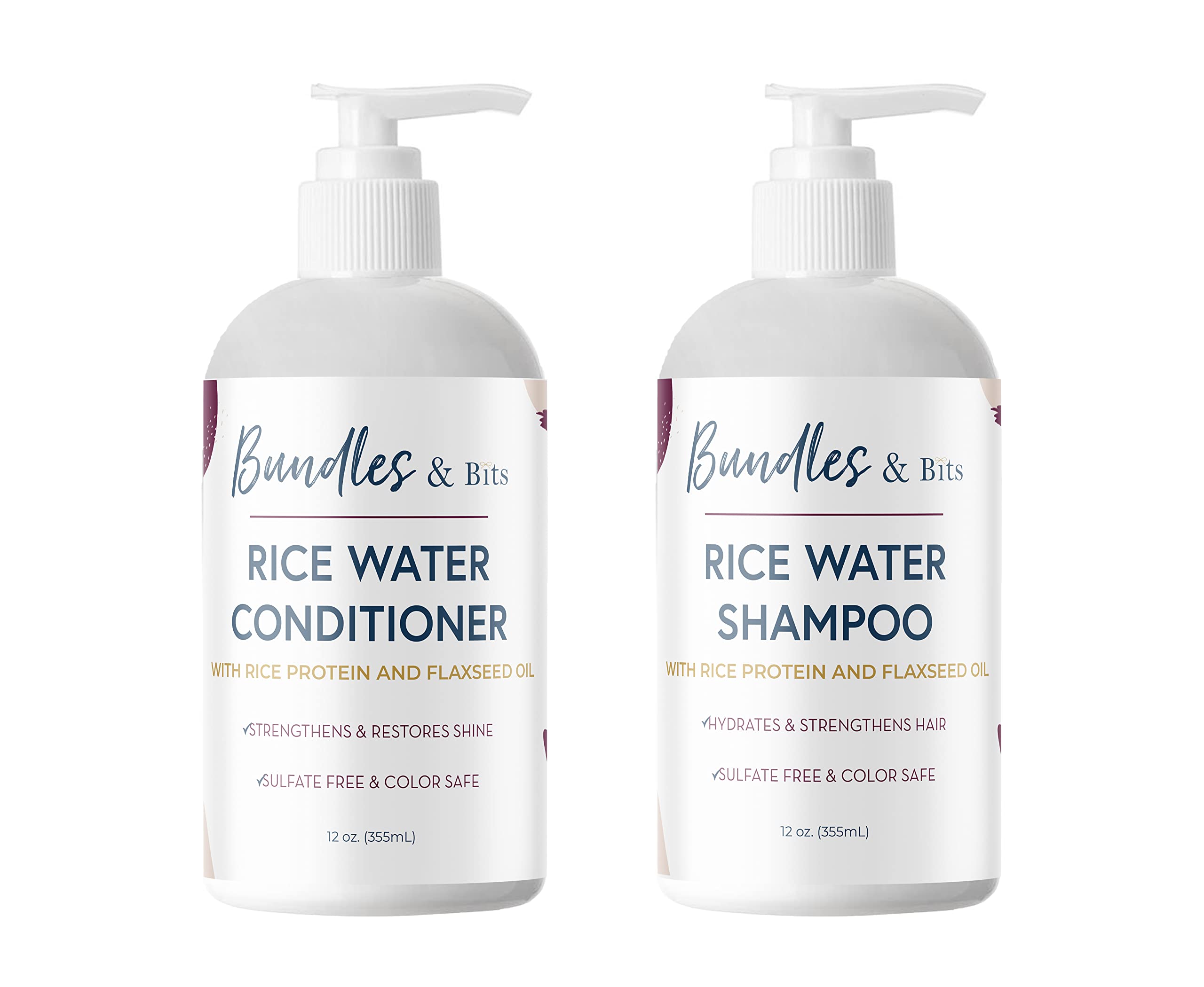 Bundles & Bits Rice Water Shampoo and Conditioner Set - Regrowth, Thinning Hair and Anti-Hair Loss - Plant-Based, Sulfate Free, For All Hair Types, 2 Piece Set