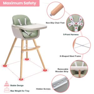 Foho Baby High Chair, Perfect 3 in 1 Convertible Wooden High Chair with Cushion, Removable Tray, and Adjustable Legs for Baby & Toddler (Green)