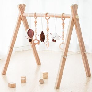 razee wooden baby play gym foldable baby gym portable, infant frame activity gym hanging bar for toddle with 6 hanging sensory toys