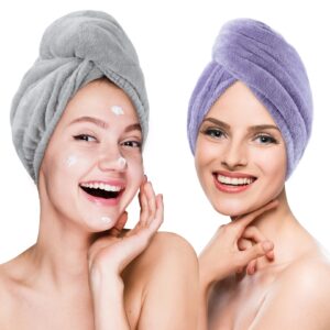 poyday microfiber hair towel drying wrap: 2pack head dry towel twist drying turban anti frizz long quick rapid absorbent women wet plopping curly hair towel twisty for girls kids button(gray/purple)