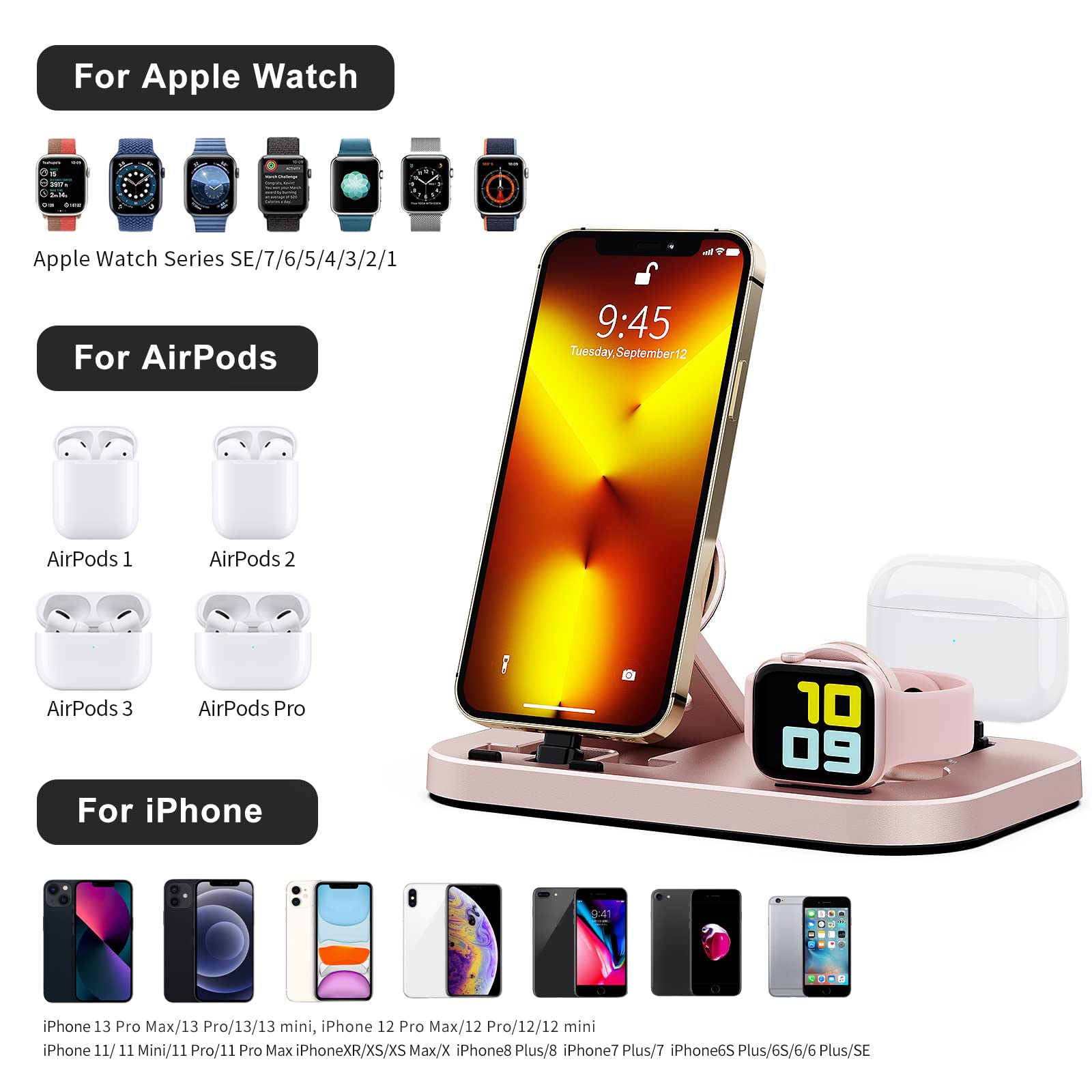 Charging Station for Multiple Devices Apple, 3 in 1 Charging Dock for iPhone/AirPods Series, Portable Charging Stand for iWatch Series 8/Ultra/7/6/5/4/3/2/1/SE(with 15W Adapter and Cable) Rose Gold