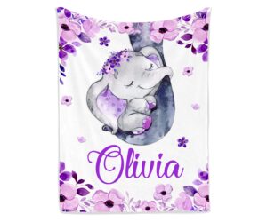 personalized cute purple elephant animal floral baby name blanket throw fleece swaddle shower super soft blanket newborn gifts for baby girl daughter new kid bed couch sofa decor