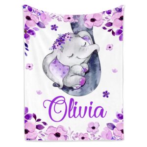 Personalized Cute Purple Elephant Animal Floral Baby Name Blanket Throw Fleece Swaddle Shower Super Soft Blanket Newborn Gifts for Baby Girl Daughter New Kid Bed Couch Sofa Decor