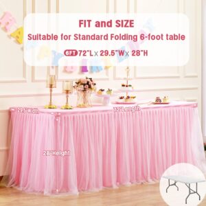 Suppromo 6ft Pink Tablecloth with Tulle Table Skirt for Rectangle Tables 3 Sides Pink Tutu Table Cover for Baby Shower Girls Birthday Party Wedding Dessert Cake Table Decorations