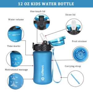 GOPPUS Kids Water Bottle with Straw Spout Lid 10pcs Stickers 12 oz Leak-proof BPA Free Motivational Time Marker Tritan Plastic Water Bottles for Girls Boys School Sports