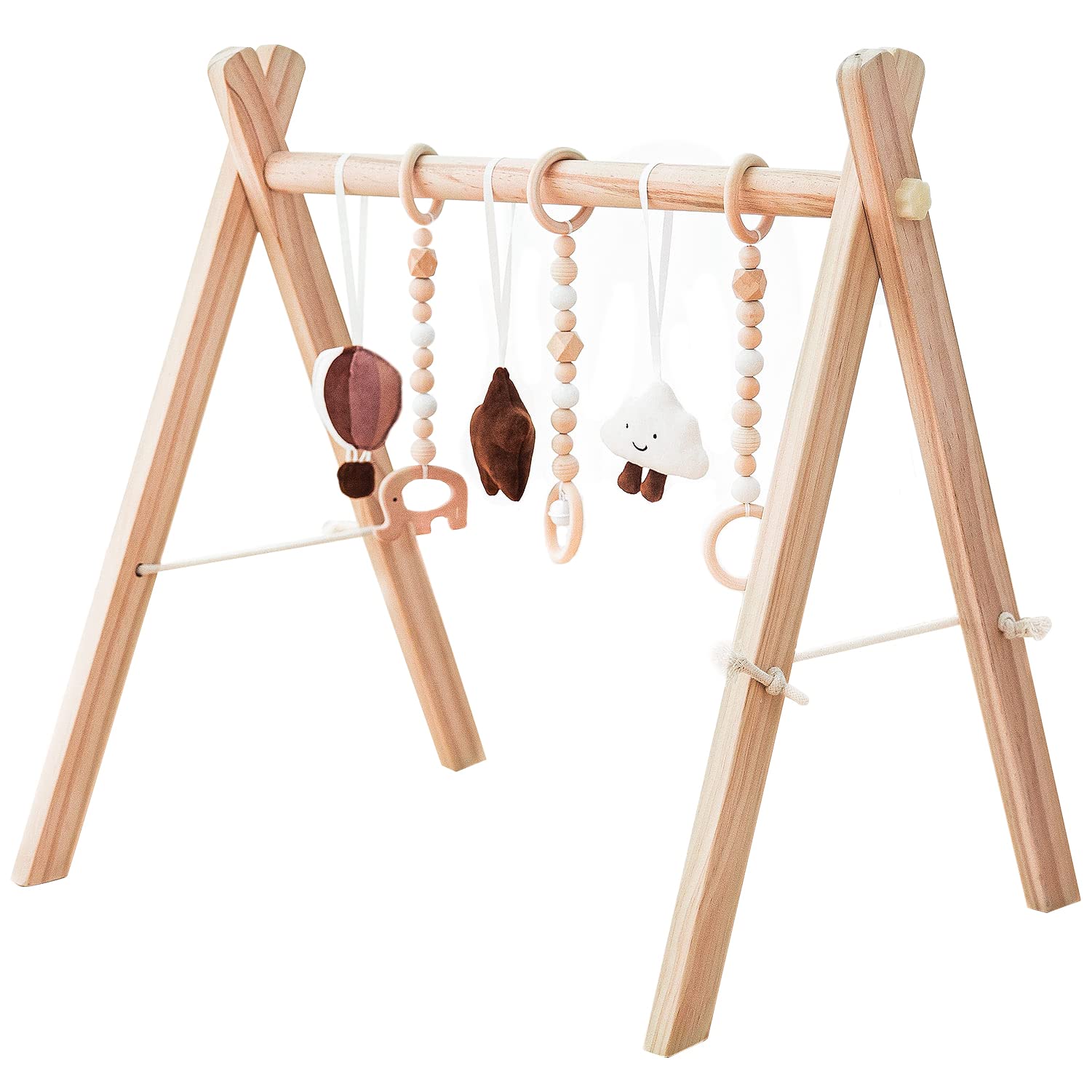 Razee Wooden Baby Play Gym Foldable Baby Gym Portable, Infant Frame Activity Gym Hanging Bar for Toddle with 6 Hanging Sensory Toys