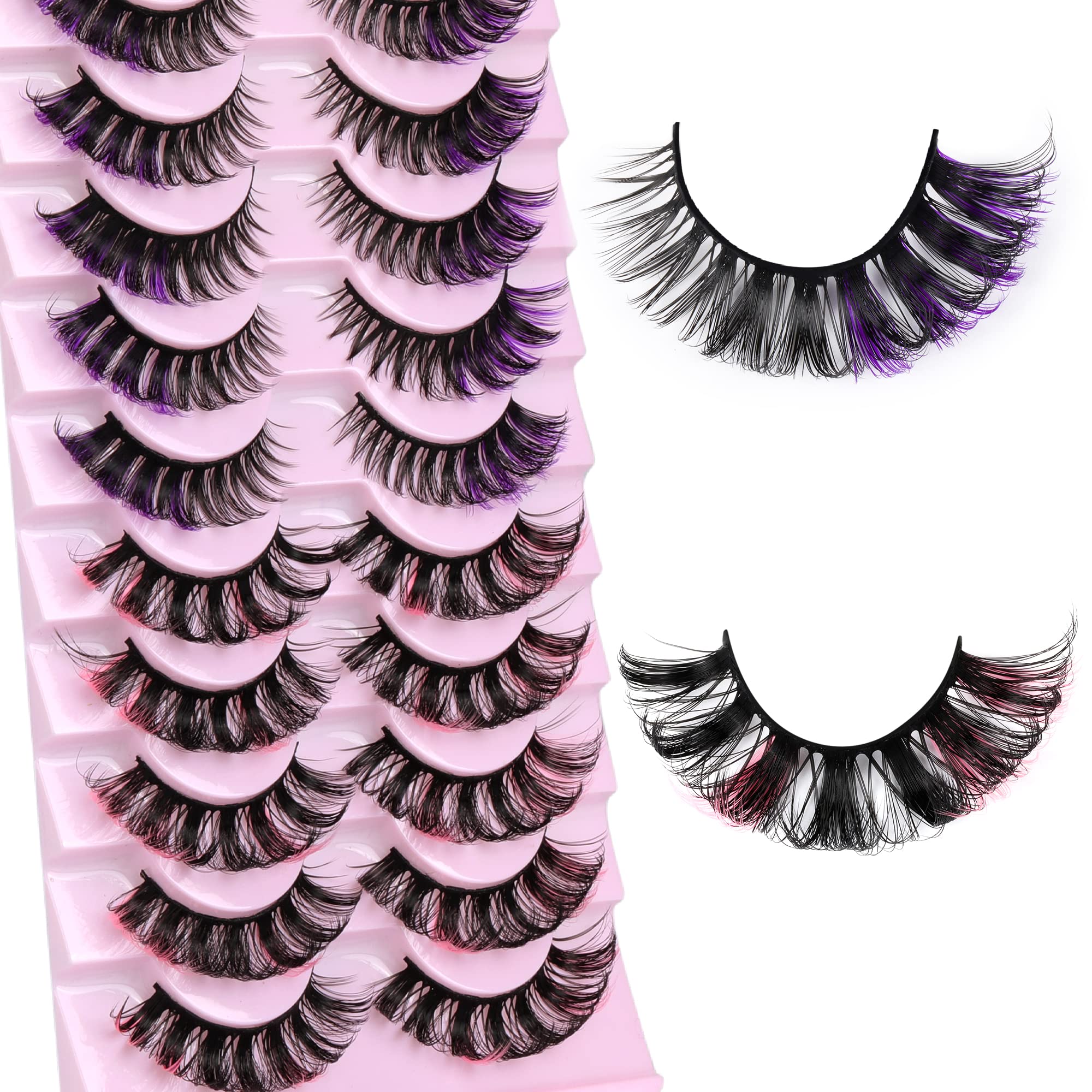 Colored Eyelashes D Curl False Eyelashes with Color Fluffy Wispy Fake Eyelashes Colored Lashes Strips 10 Pairs 2 Styles Cat Eye Lashes Pack by Zenotti (Pink & Purple)