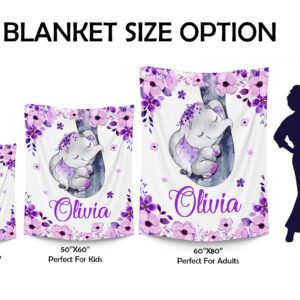 Personalized Cute Purple Elephant Animal Floral Baby Name Blanket Throw Fleece Swaddle Shower Super Soft Blanket Newborn Gifts for Baby Girl Daughter New Kid Bed Couch Sofa Decor