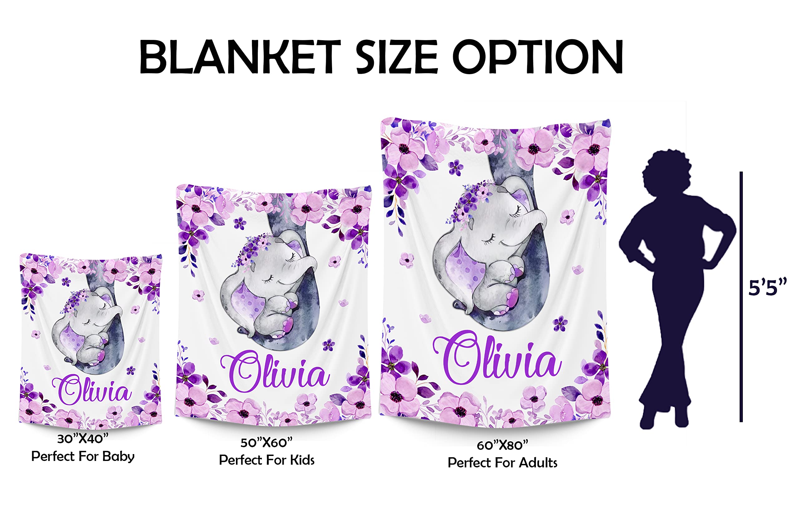 Personalized Cute Purple Elephant Animal Floral Baby Name Blanket Throw Fleece Swaddle Shower Super Soft Blanket Newborn Gifts for Baby Girl Daughter New Kid Bed Couch Sofa Decor