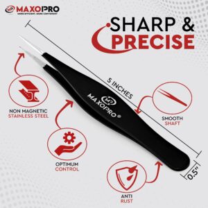 Professional Sharp Tweezers Pointed Tip | Stainless Steel, Fine Tip Needle Nose Tweezers for Women and Men | Facial & Eyebrow Hair, Ticks, Precision Splinter & Ingrown Hair Removal by MAXOPRO – Black