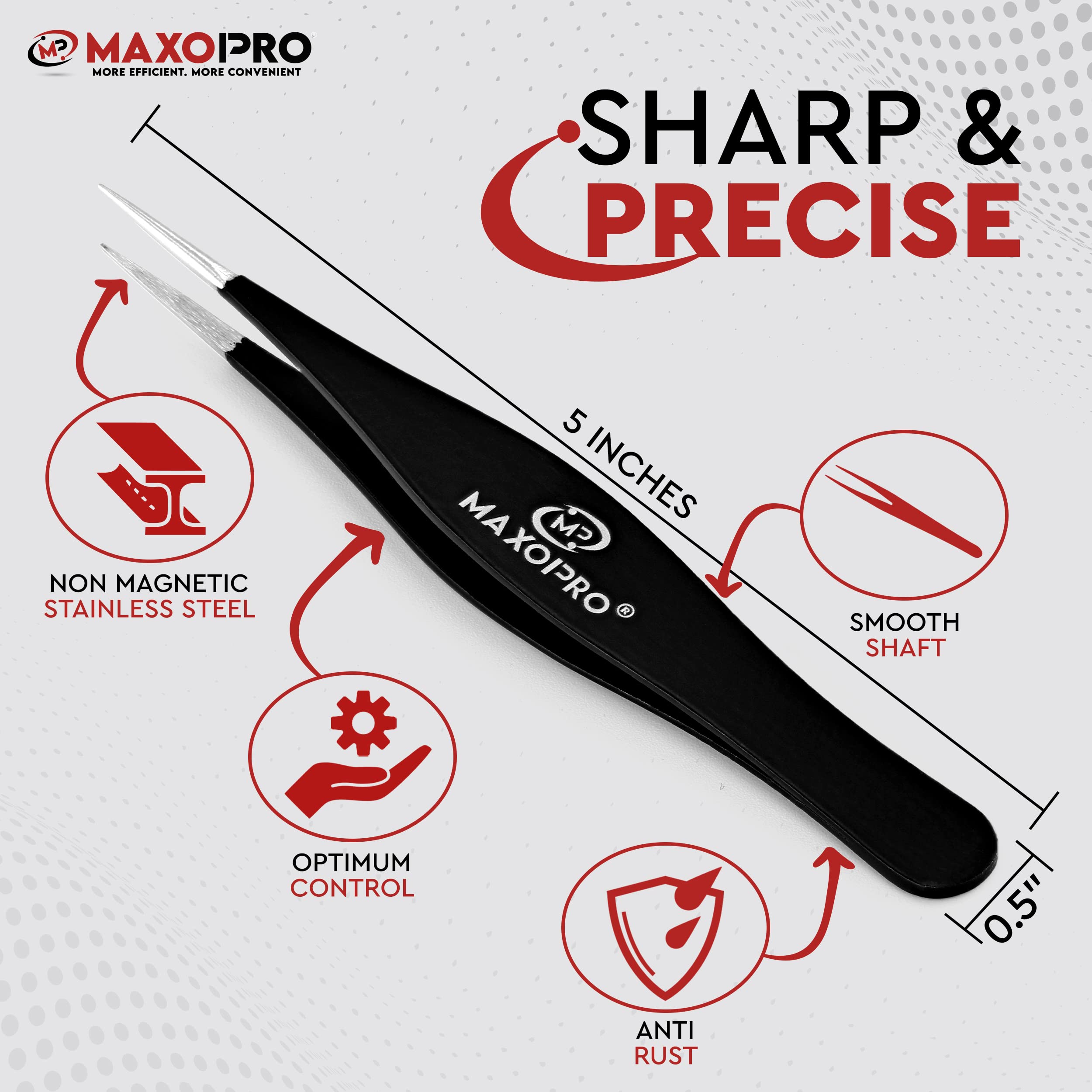 Professional Sharp Tweezers Pointed Tip | Stainless Steel, Fine Tip Needle Nose Tweezers for Women and Men | Facial & Eyebrow Hair, Ticks, Precision Splinter & Ingrown Hair Removal by MAXOPRO – Black