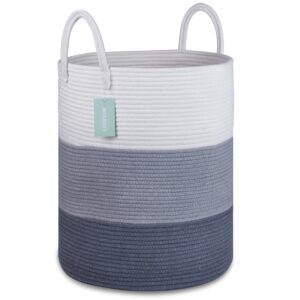 bosroty large laundry hamper basket for girls boys kids 65l, nursery hamper, tall blanket basket, clothes basket laundry, woven basket, cotton rope basket, toy basket, 16”x 20”, white & gray