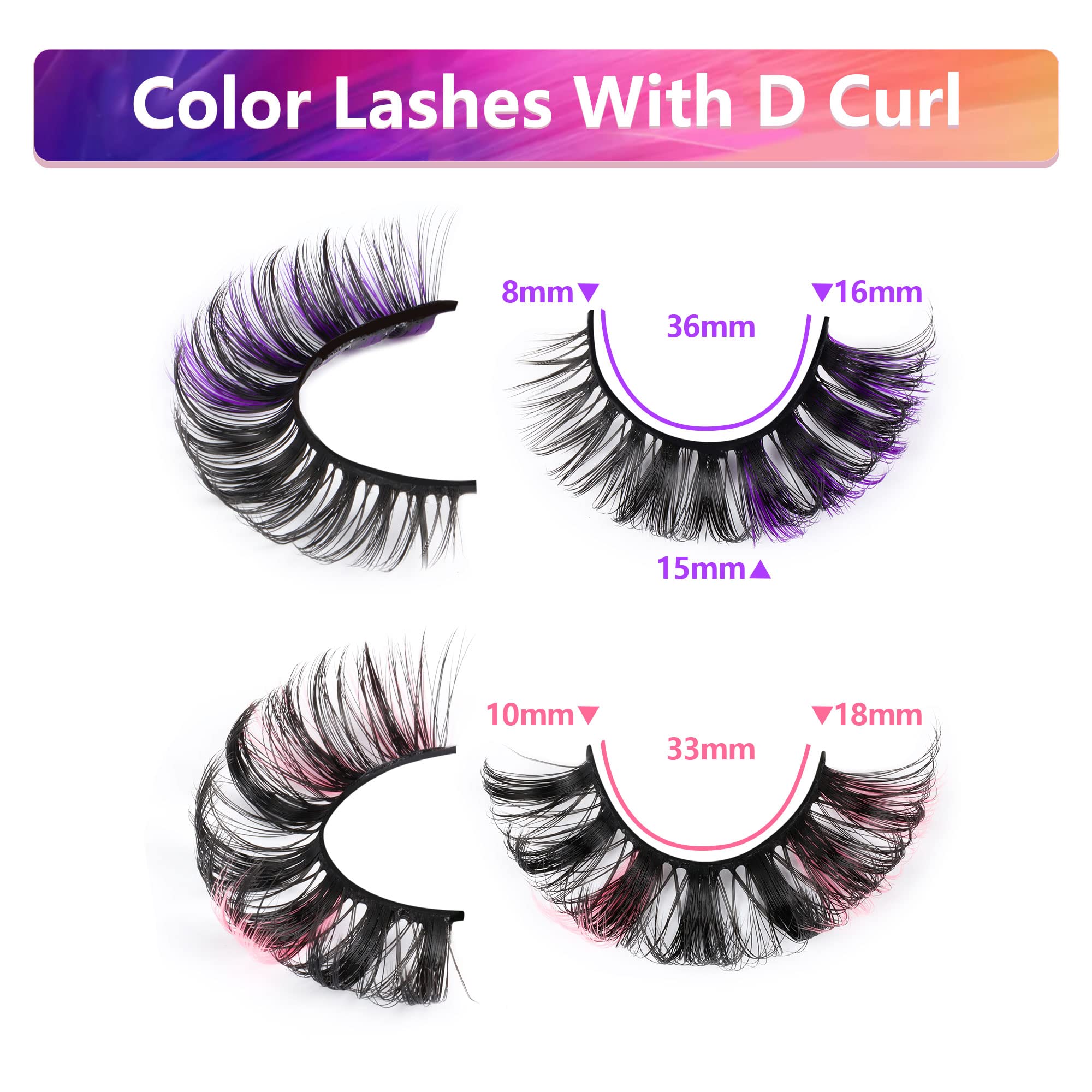 Colored Eyelashes D Curl False Eyelashes with Color Fluffy Wispy Fake Eyelashes Colored Lashes Strips 10 Pairs 2 Styles Cat Eye Lashes Pack by Zenotti (Pink & Purple)