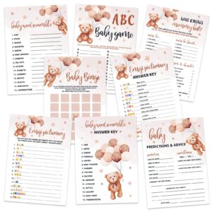 sinasasspel 302pcs teddy bear baby shower game set of 6 activities for 50 guests gender neutral includes baby abc, bingo, word scramble, baby prediction and more, each 5x7 inches