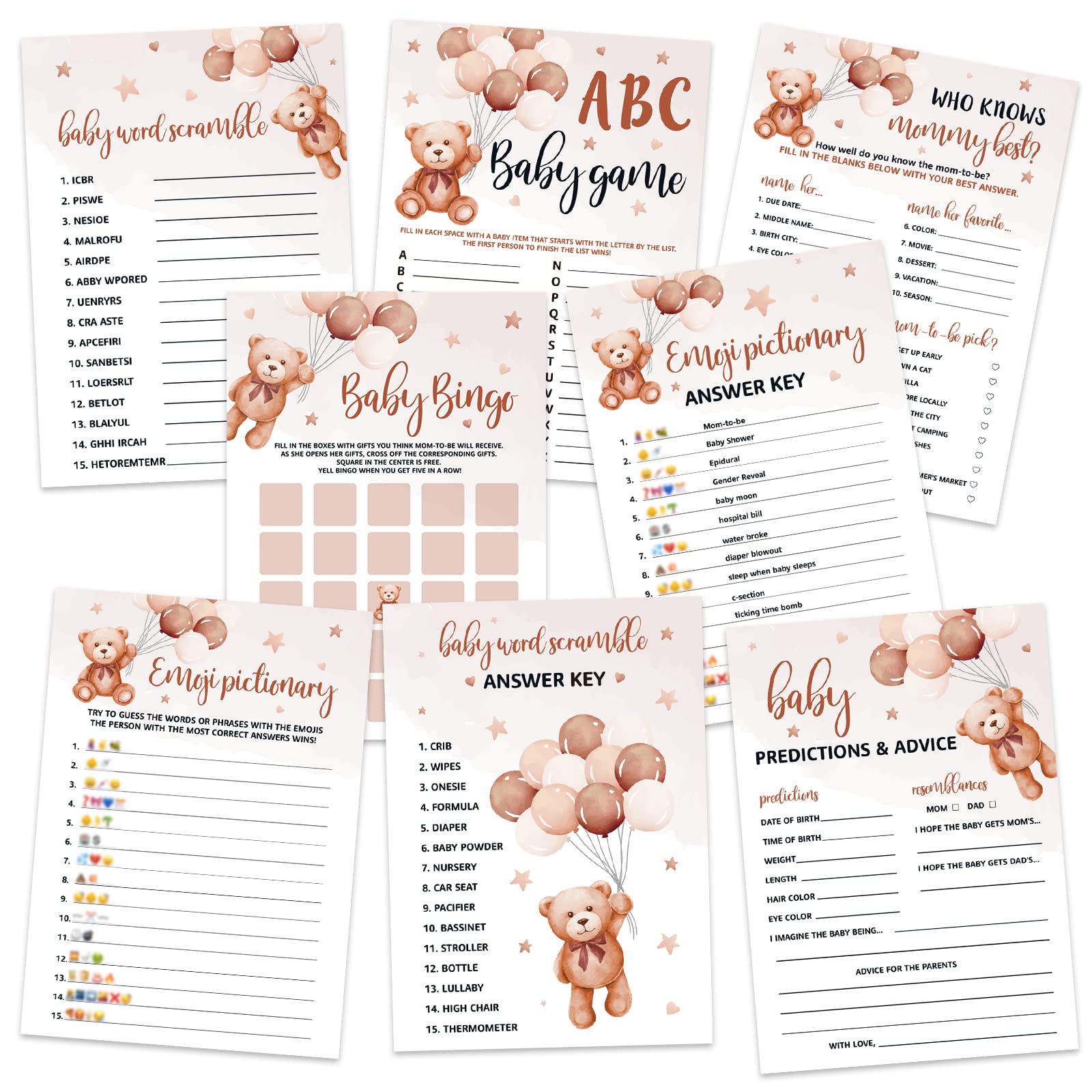 Sinasasspel 302pcs Teddy Bear Baby Shower Game Set of 6 Activities for 50 Guests Gender Neutral Includes Baby ABC, Bingo, Word Scramble, Baby Prediction and More, Each 5x7 Inches