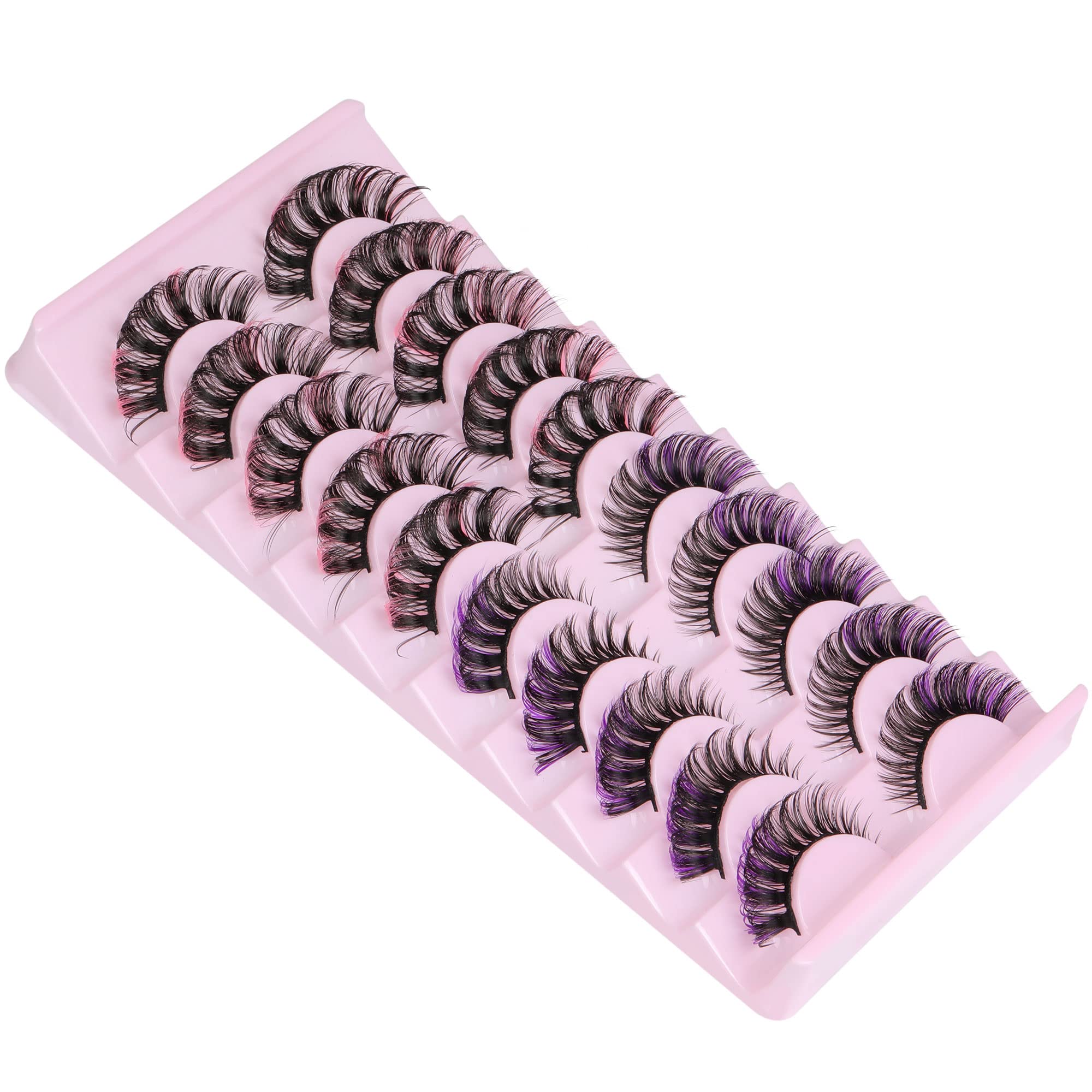 Colored Eyelashes D Curl False Eyelashes with Color Fluffy Wispy Fake Eyelashes Colored Lashes Strips 10 Pairs 2 Styles Cat Eye Lashes Pack by Zenotti (Pink & Purple)